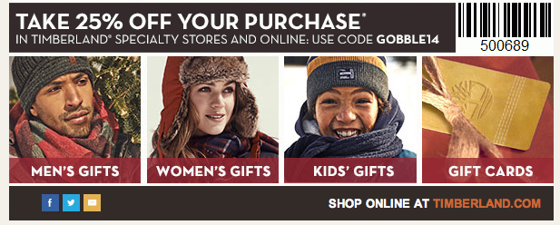 Timberland Coupon Code: Take 25% off purchase.