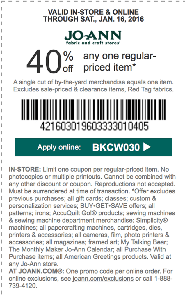 Jo-Ann Fabric and Craft Coupon Code: 40% Off 1 Regular Priced Item ...