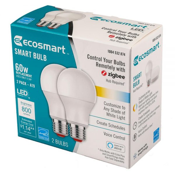 EcoSmart A19 60-Watt LED SMART LED Bulb 2Pack Sale $9.97