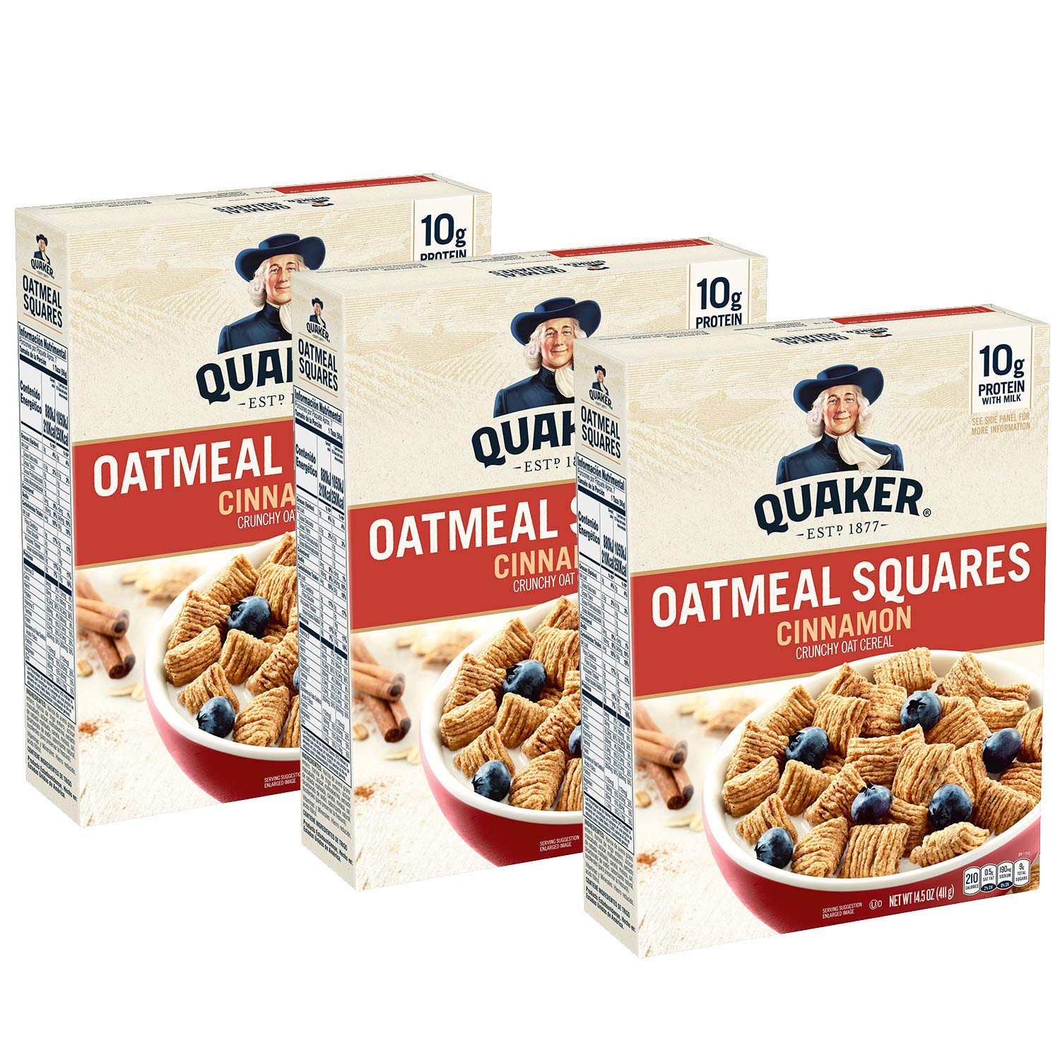 Quaker Oatmeal Squares Breakfast Cereal, Cinnamon, 14.5oz Boxes