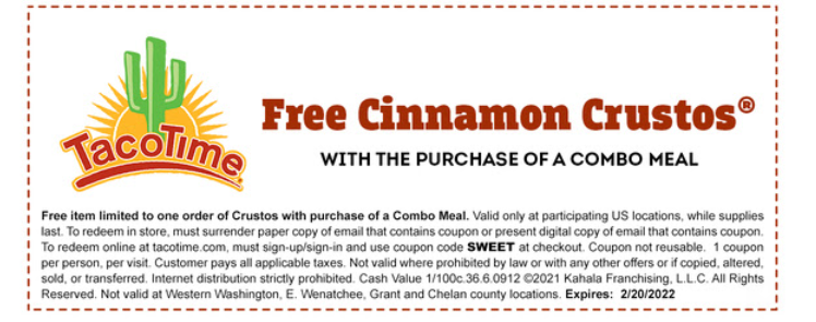Taco Time Coupon Code: Free Cinnamon Crustos with the purchase of a