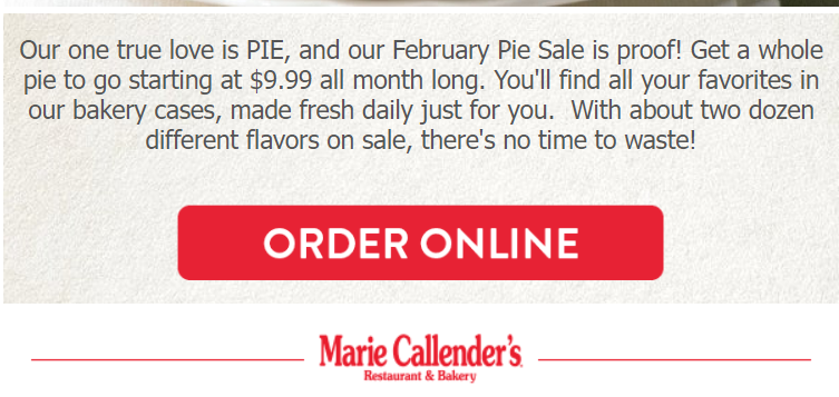 Marie Callenders Coupon Code: Pie Sale is Back! Whole Pie to Go, starting a