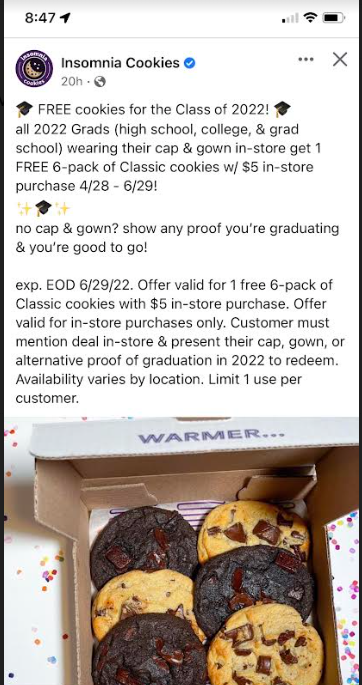 Insomnia Cookies Coupon Code: Free cookies for Class of 2022. Show any pro