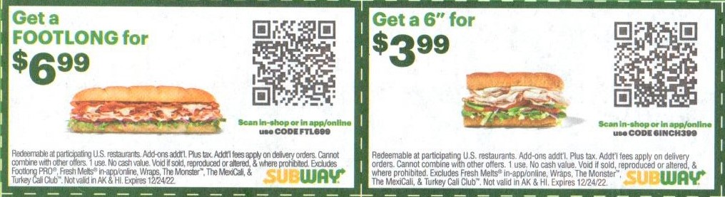 Subway Coupon Code: Get a Footlong for $6.99 Coupon Code: FTL699