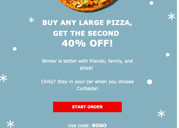 Casey's Coupon Code: BUY ANY LARGE PIZZA, GET THE SECOND 40% OF