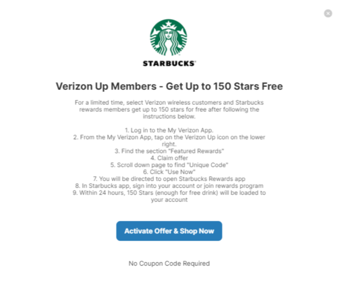 Starbucks Coupon Code: Verizon Up Members- Get Up to 150 Stars Free