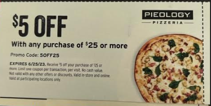 Pieology Coupon Code: $5 OFF with any purchase of $25 or more Pro