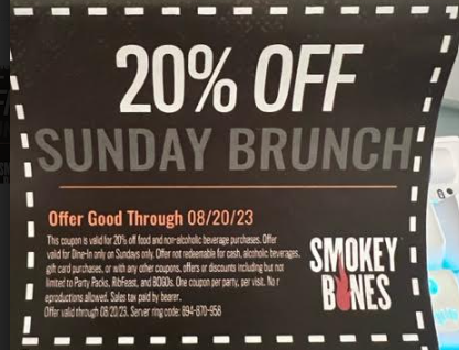 Smokey Bones Bar & Fire Grill Coupon Code: Get 20% off Sunday Brunch ...