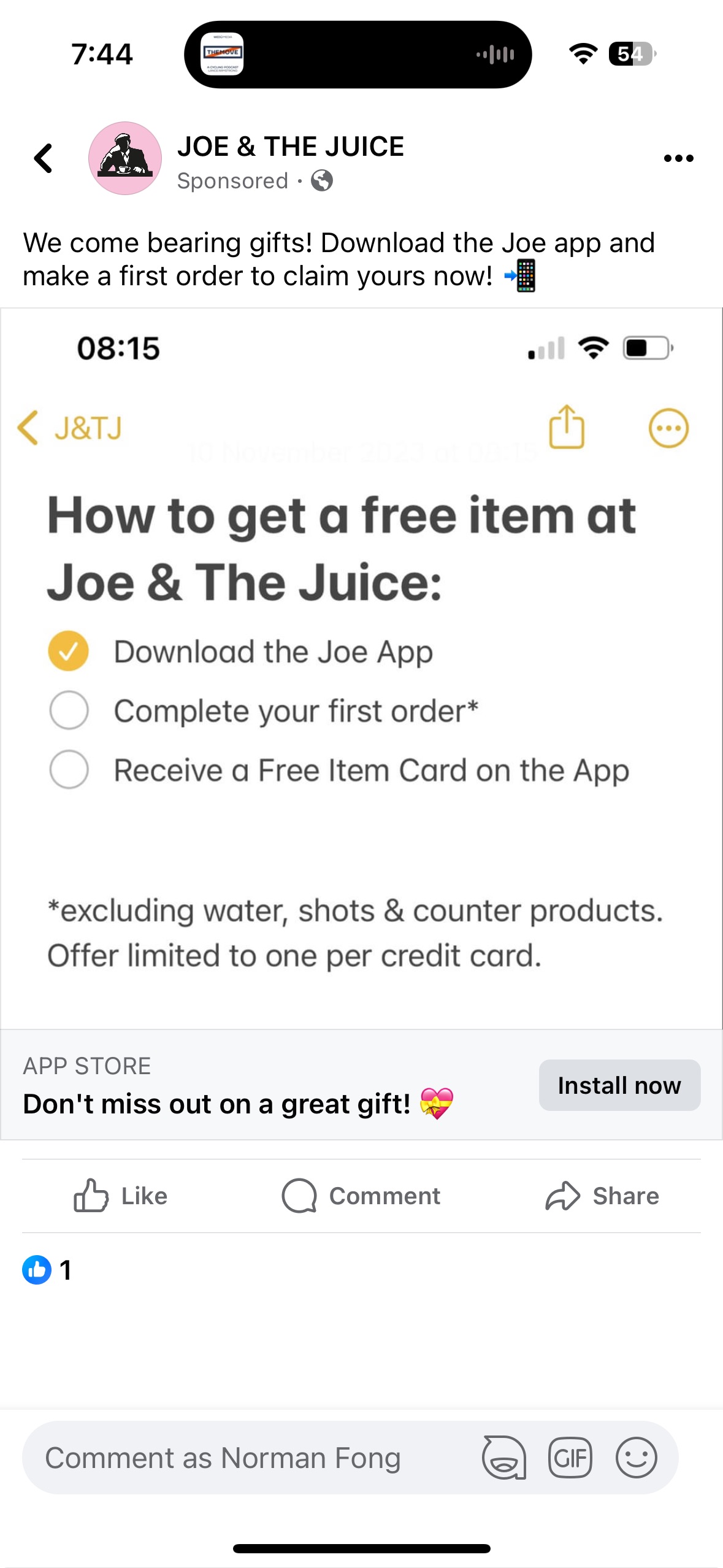 Joe & The Juice Coupon Code: Free item after 1st order on the JOE App. Exc