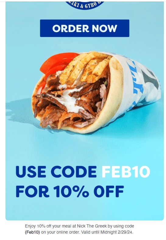Nick The Greek Coupon Code: Enjoy 10% off your meal at Nick The Greek by