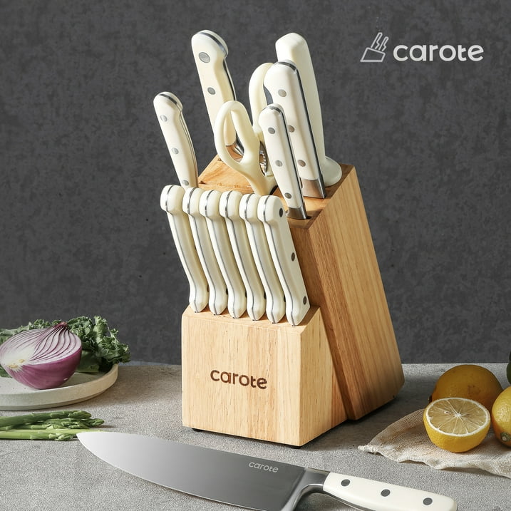 CAROTE 14 Piece Knife Set with Wooden Block Stainless Steel Kniv