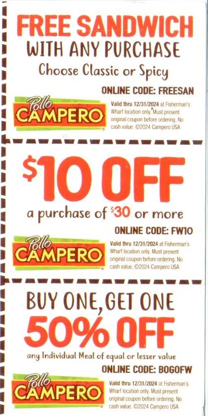 Pollo Campero Coupon Code: Free Sandwich with any purchase $10 off $3