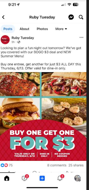 Ruby Tuesday Coupon Code: Buy one Get one for $3 Today only dine-in o