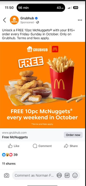 Grubhub Coupon Code: Free 10 pc McNuggets with your $15 or more or