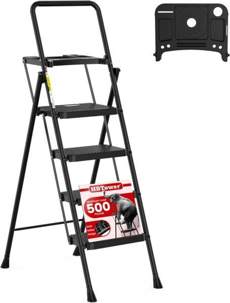 HBTower 4 Step Ladder with Handrails, 330 lbs Folding Step Stool