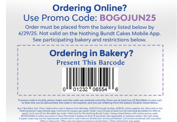Nothing Bundt Cakes Coupon Code: Buy 1 Bundtlet and get 1 free with a ...